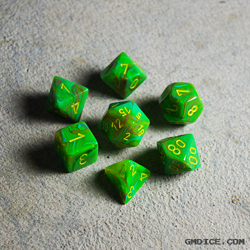 Set of 7 Chessex Vortex Slime/yellow RPG Dice – GMDICE